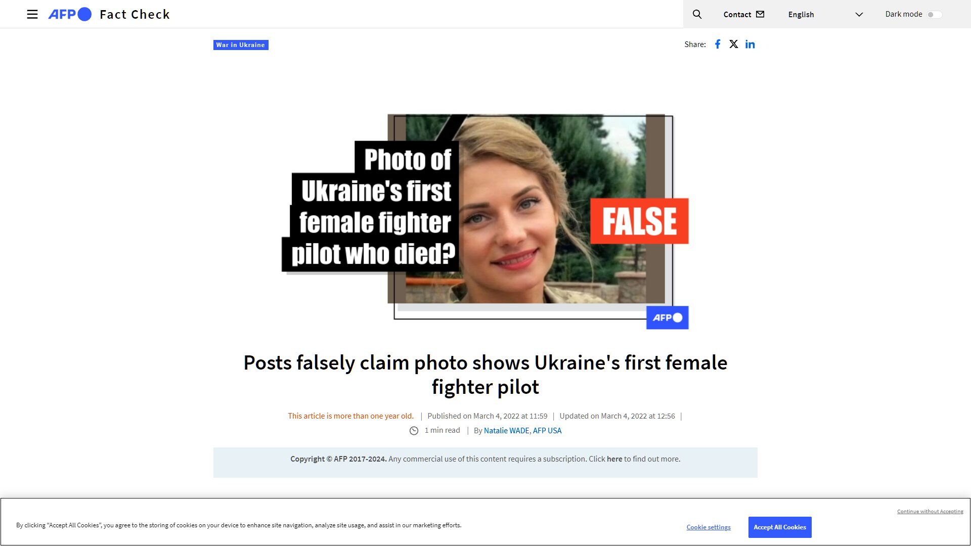 Posts falsely claim photo shows Ukraine’s first female fighter pilot ...
