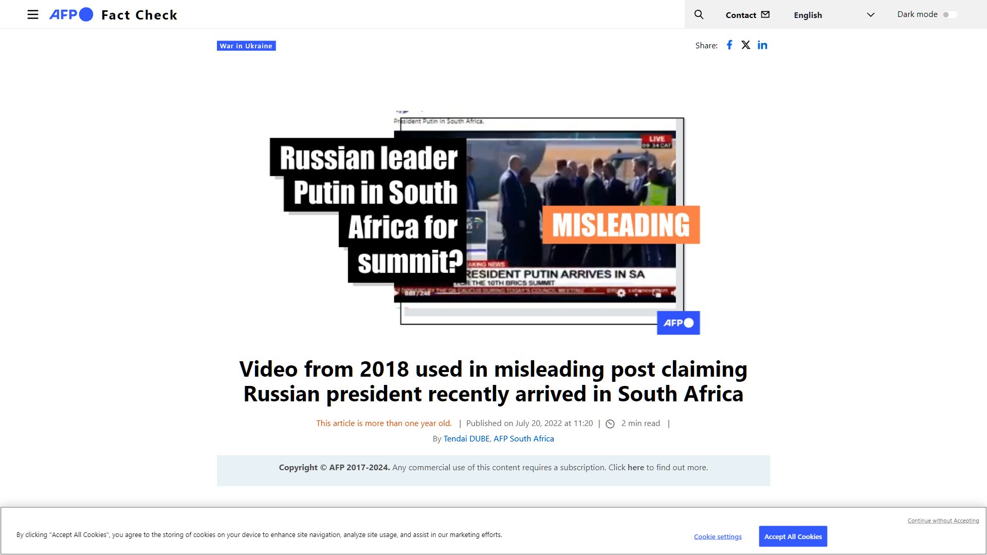 Video from 2018 used in misleading post claiming Russian president recently arrived in South ...