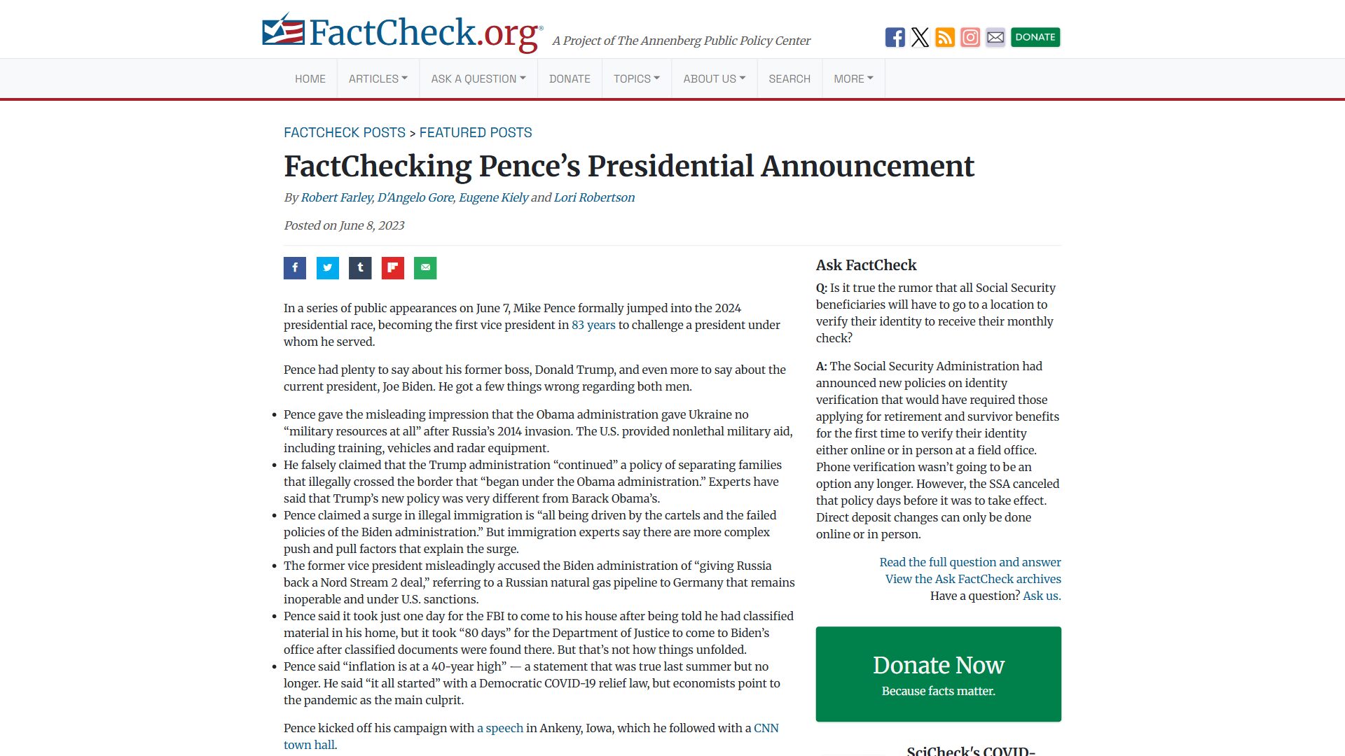 FactChecking Pence’s Presidential Announcement - Ukraine Fact Check