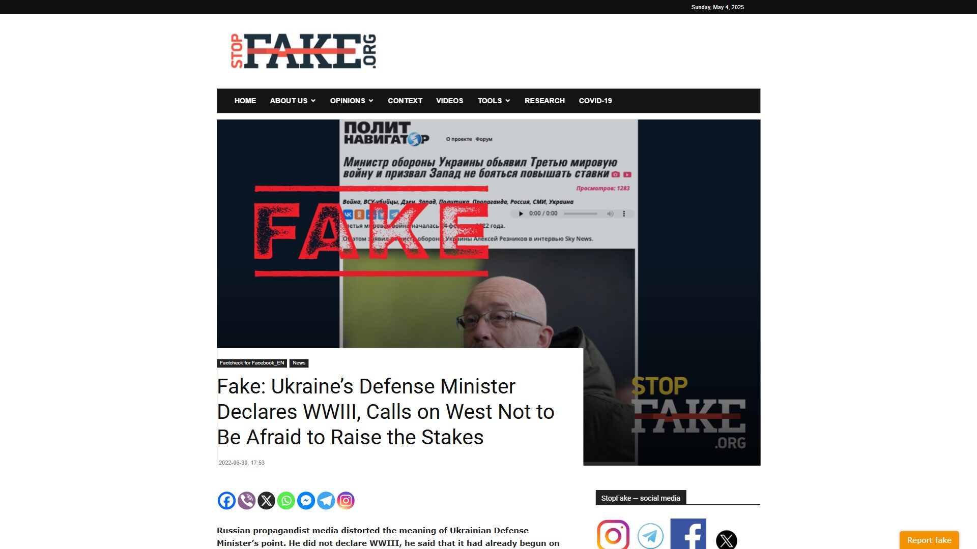 Fake: Ukraine’s Defense Minister Declares WWIII, Calls on West Not to ...